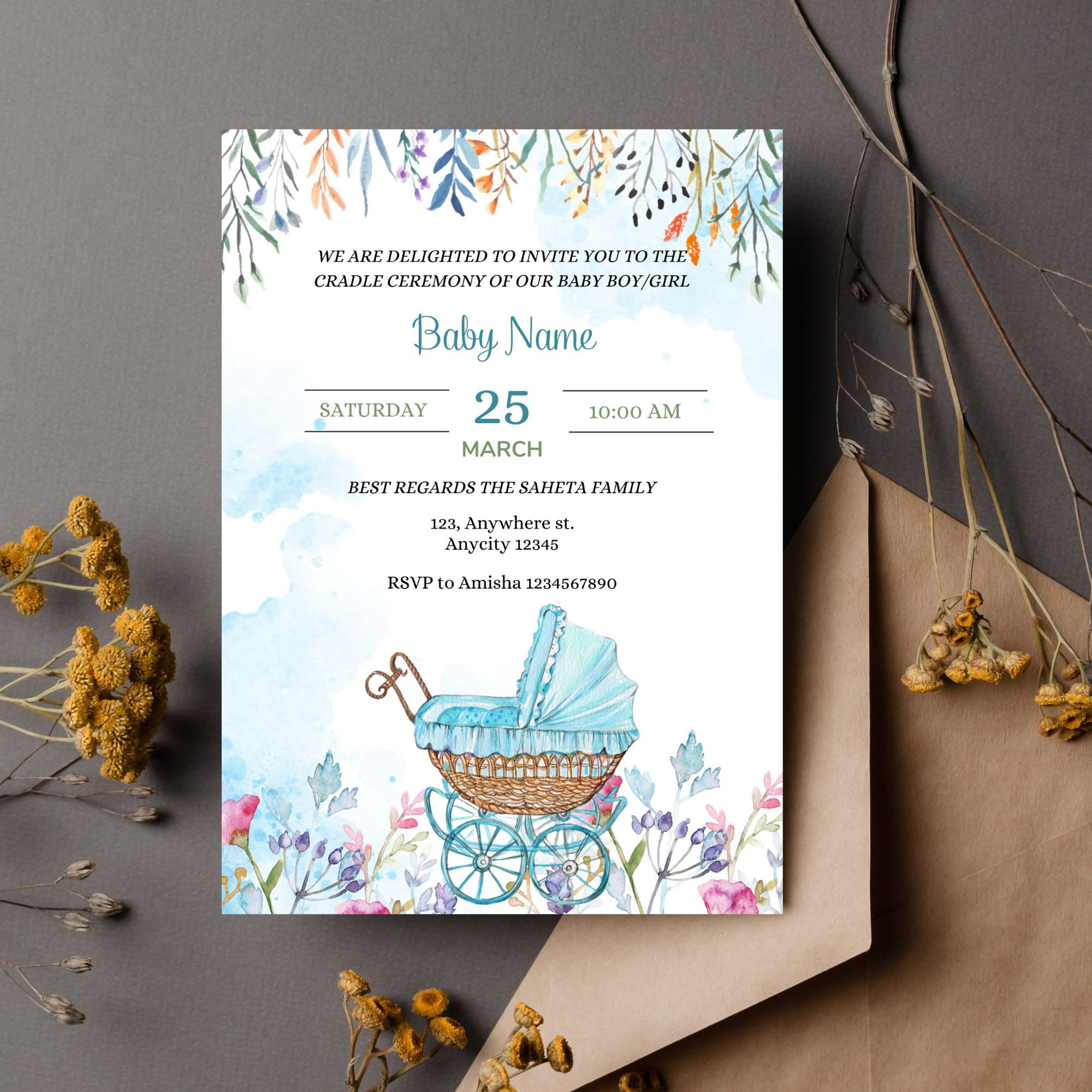 Baby Naming Ceremony Invite Template: Floral Cradle Design (digital ...