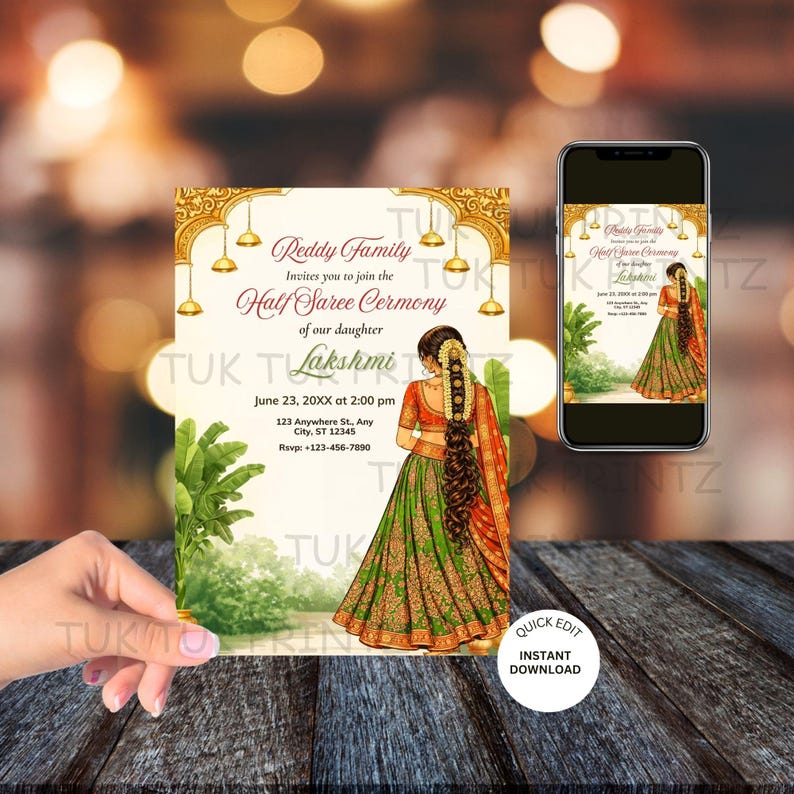 Editable Half Saree Ceremony Digital Invite, Puberty Function Langa ...