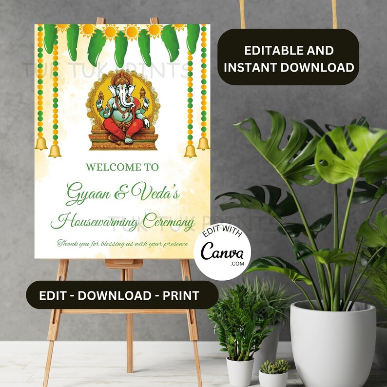 Indian Housewarming Welcome Sign: Editable Ganesha Puja (digital ...