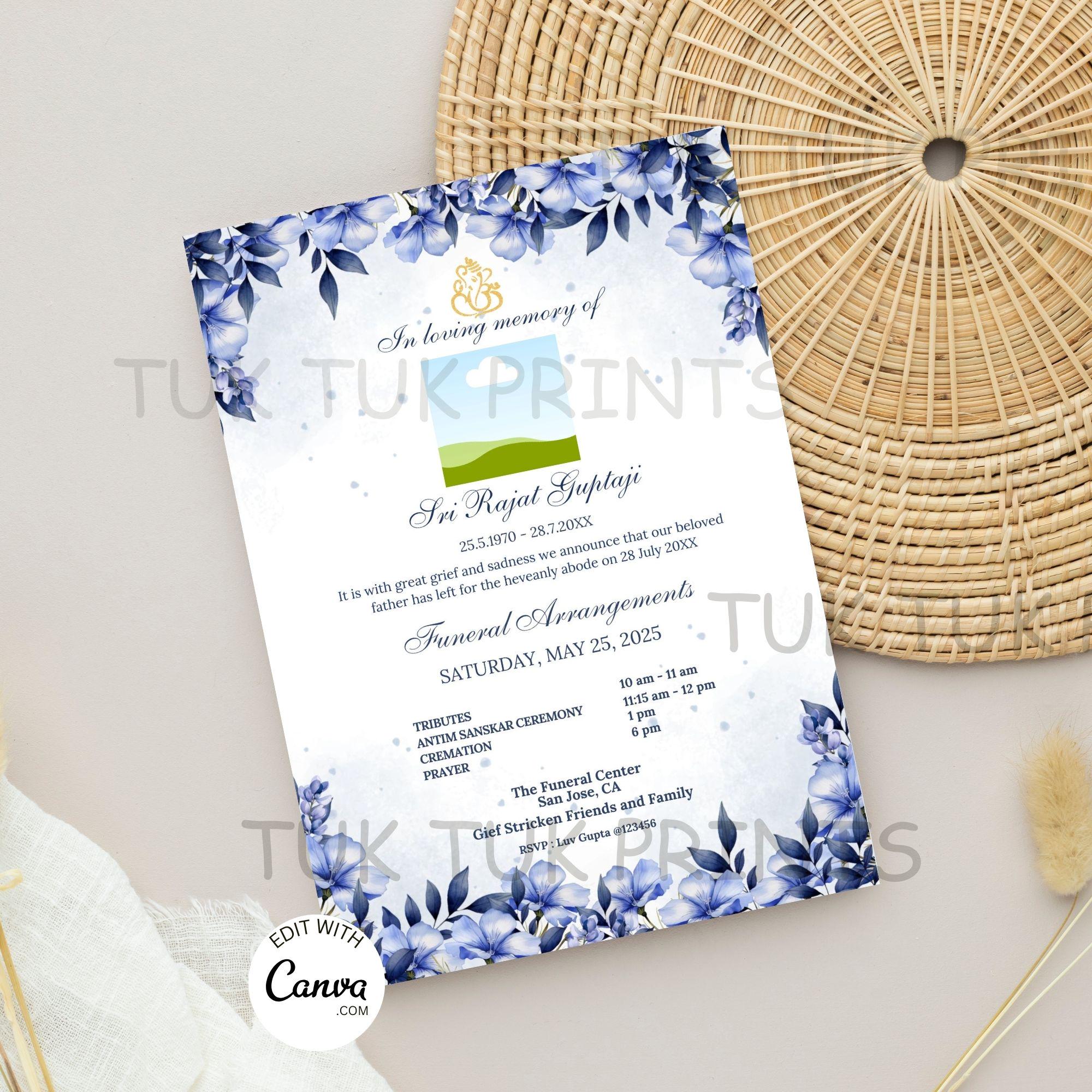 Editable Hindu Funeral Program Announcement, Indian Funeral Invite ...