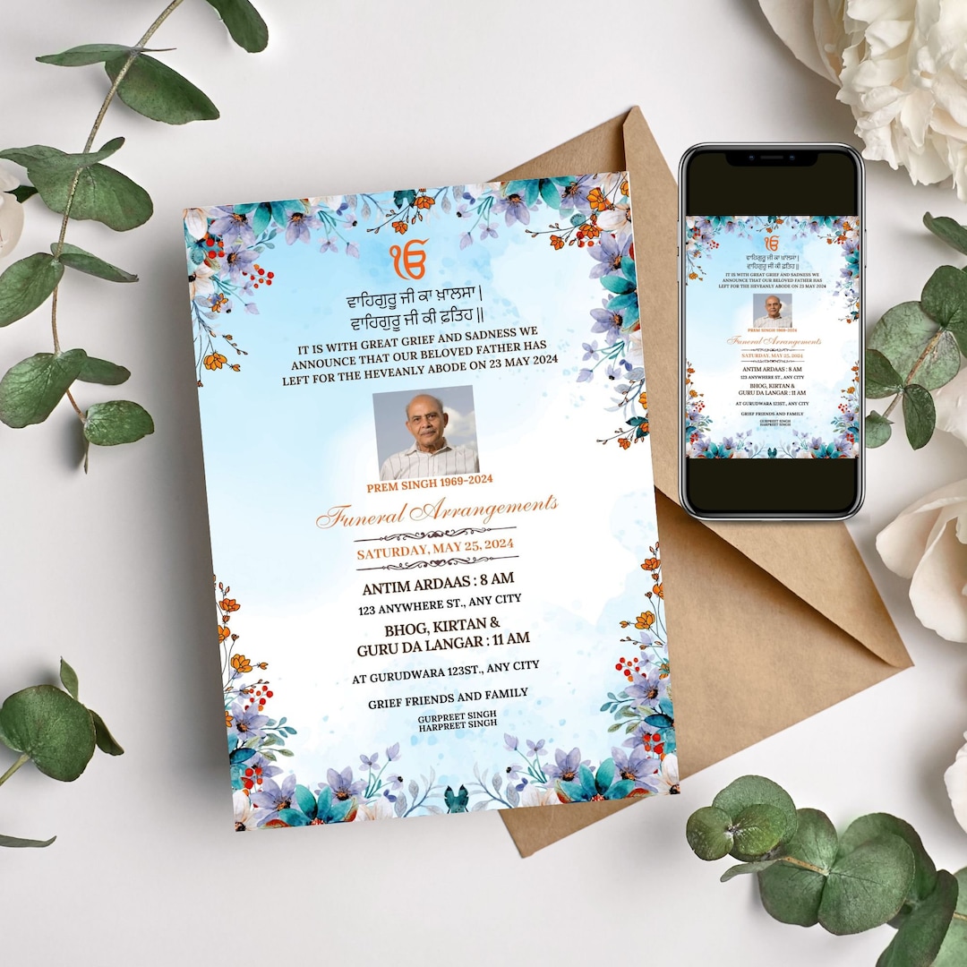 Sikh Funeral Sympathy Invite : Funeral Announcement (digital Download ...