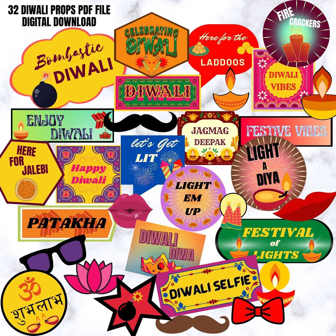 32 Diwali Party Props, Diwali Photo Booth Props, Deepawali Indian ...