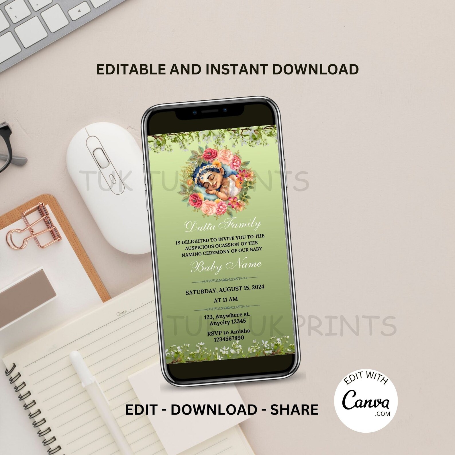 Editable Naming Ceremony Phone Invite Template (digital Download) - Etsy