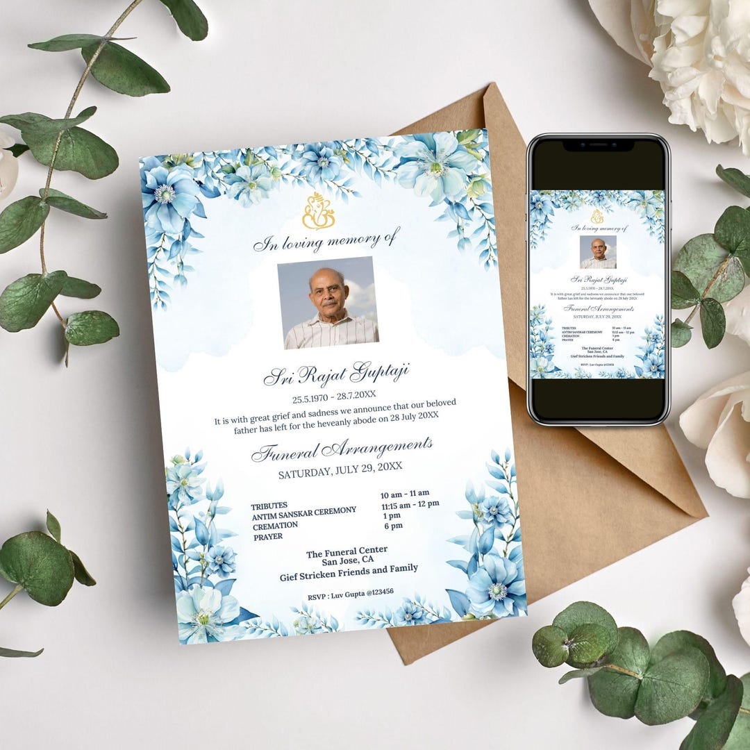 Hindu Funeral Invitation: Floral Memorial Announcement (digital ...