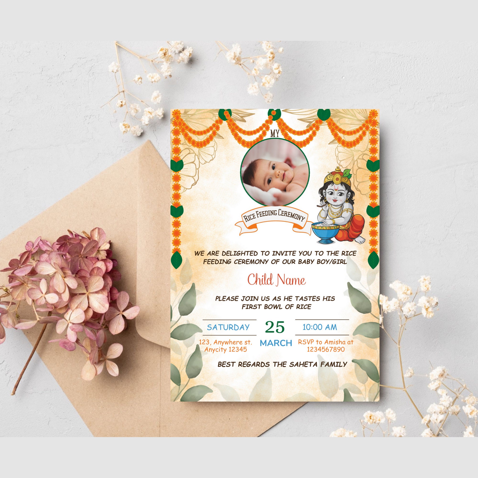 Rice Feeding Ceremony Invitation , Annaprasan Invitation, Hindu Rice ...