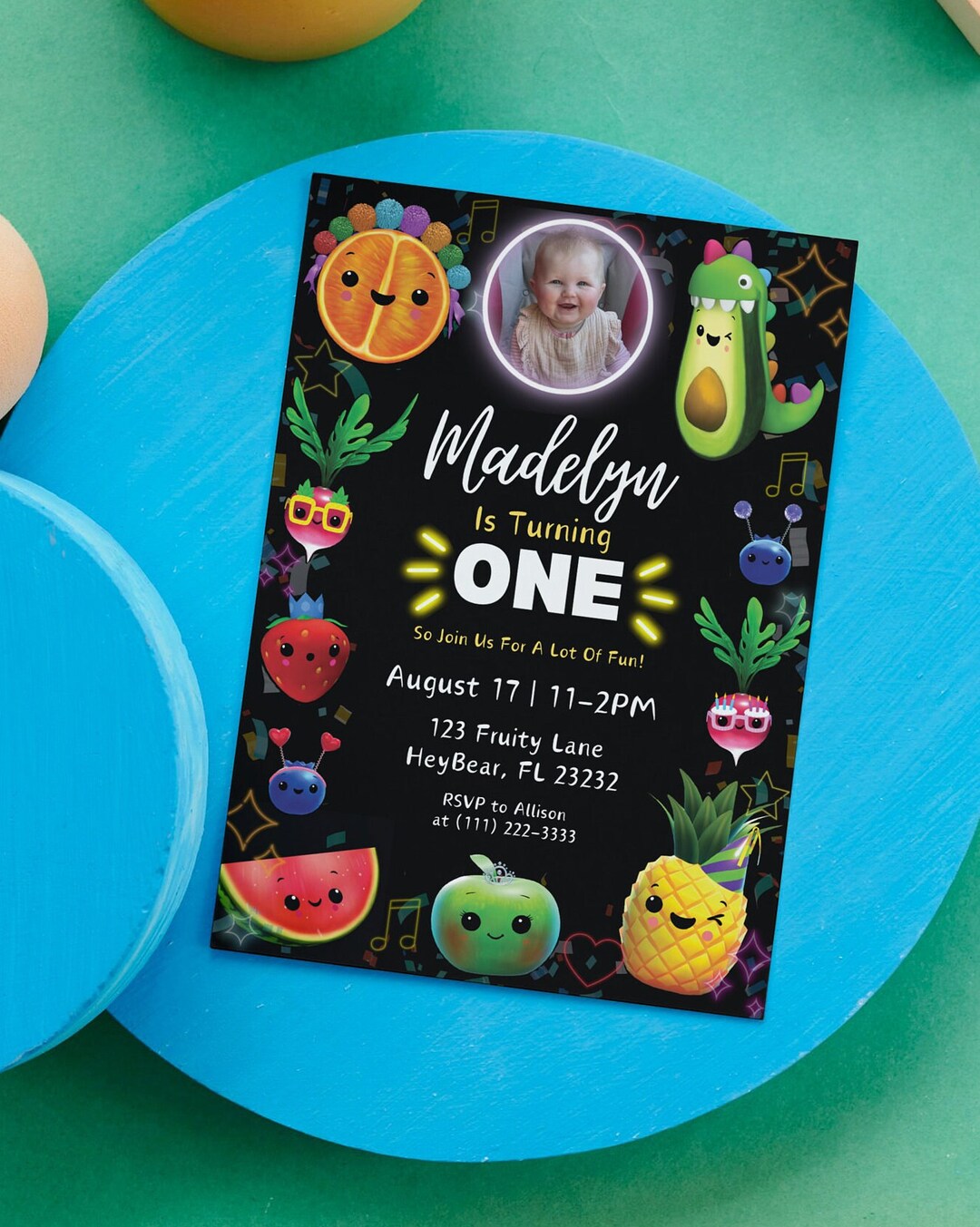 Hey Bear Dancing Fruit Invitation With Photo Insert - Etsy UK