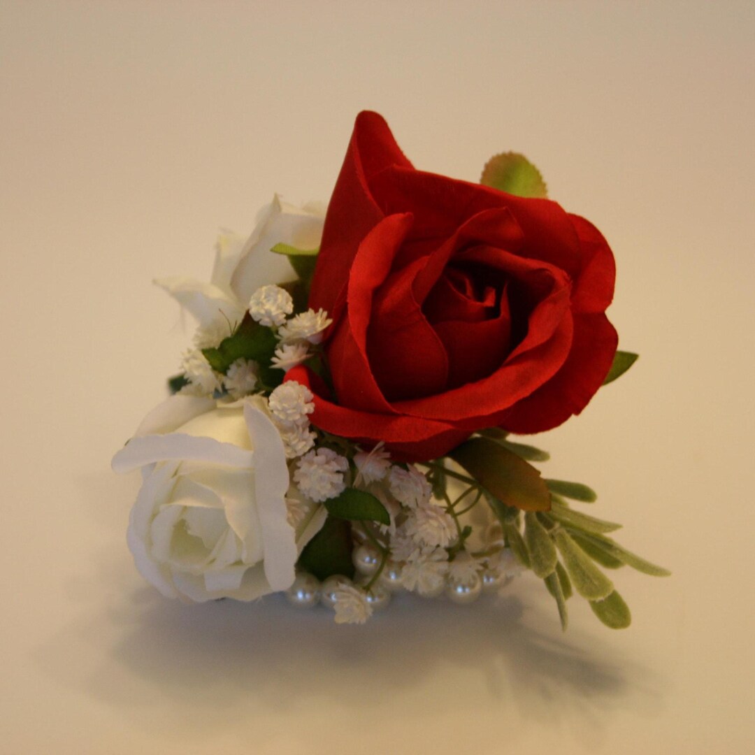 SET of 4 Realistic Rose Wrist Corsages in Red and White for Wedding ...