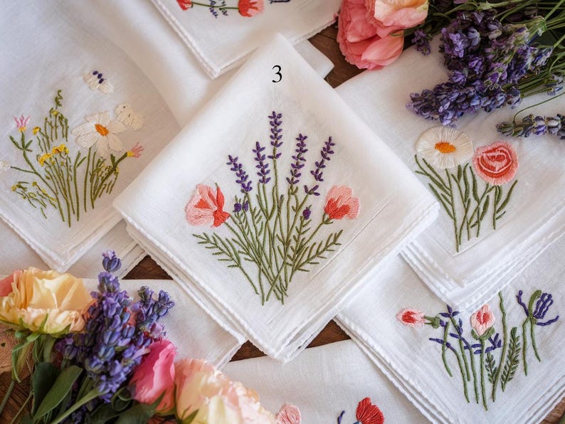 Hand Embroidered Linen Handkerchief Set, Floral Butterfly Wedding ...