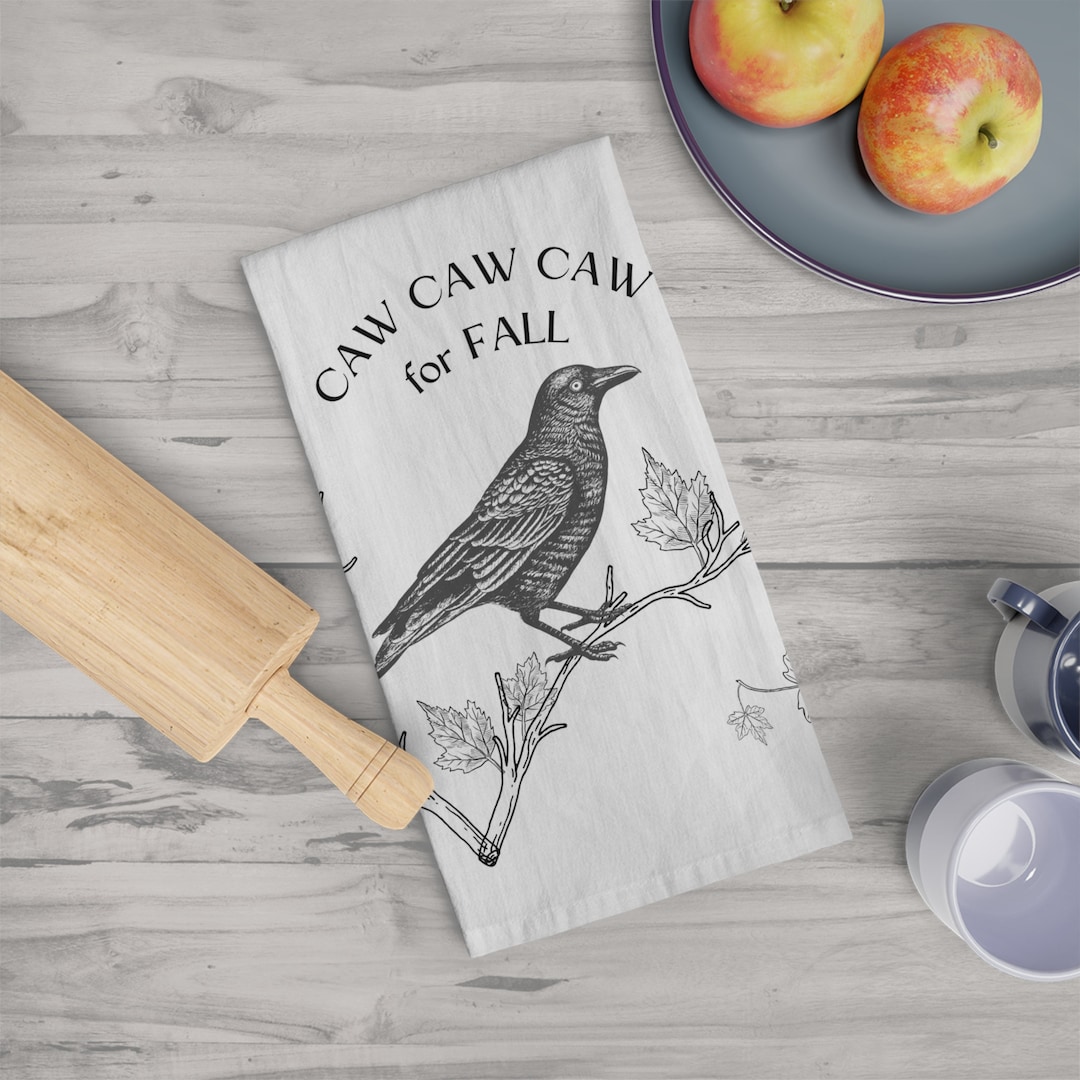 Autumn Tea Towel Crow and Leaves Kitchen Towel With Crow - Etsy