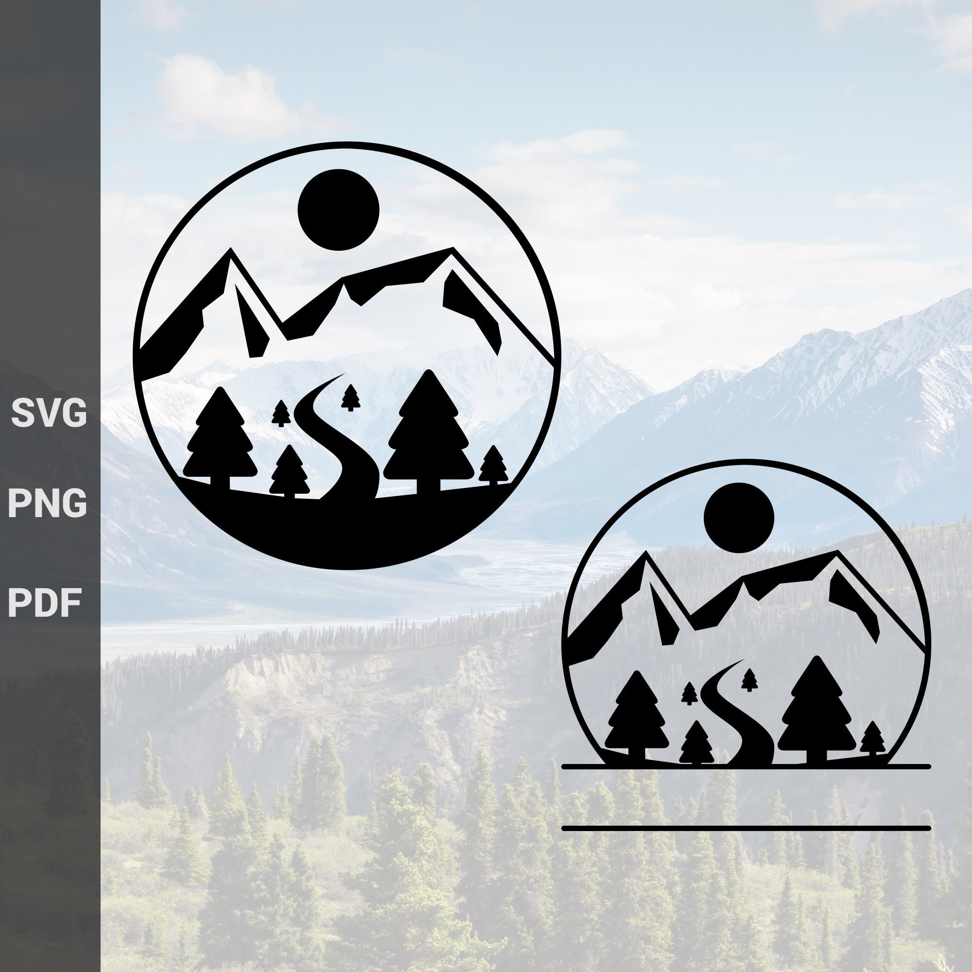 Mountain SVG in Circle With Fir Trees Sun and Road for Laser - Etsy