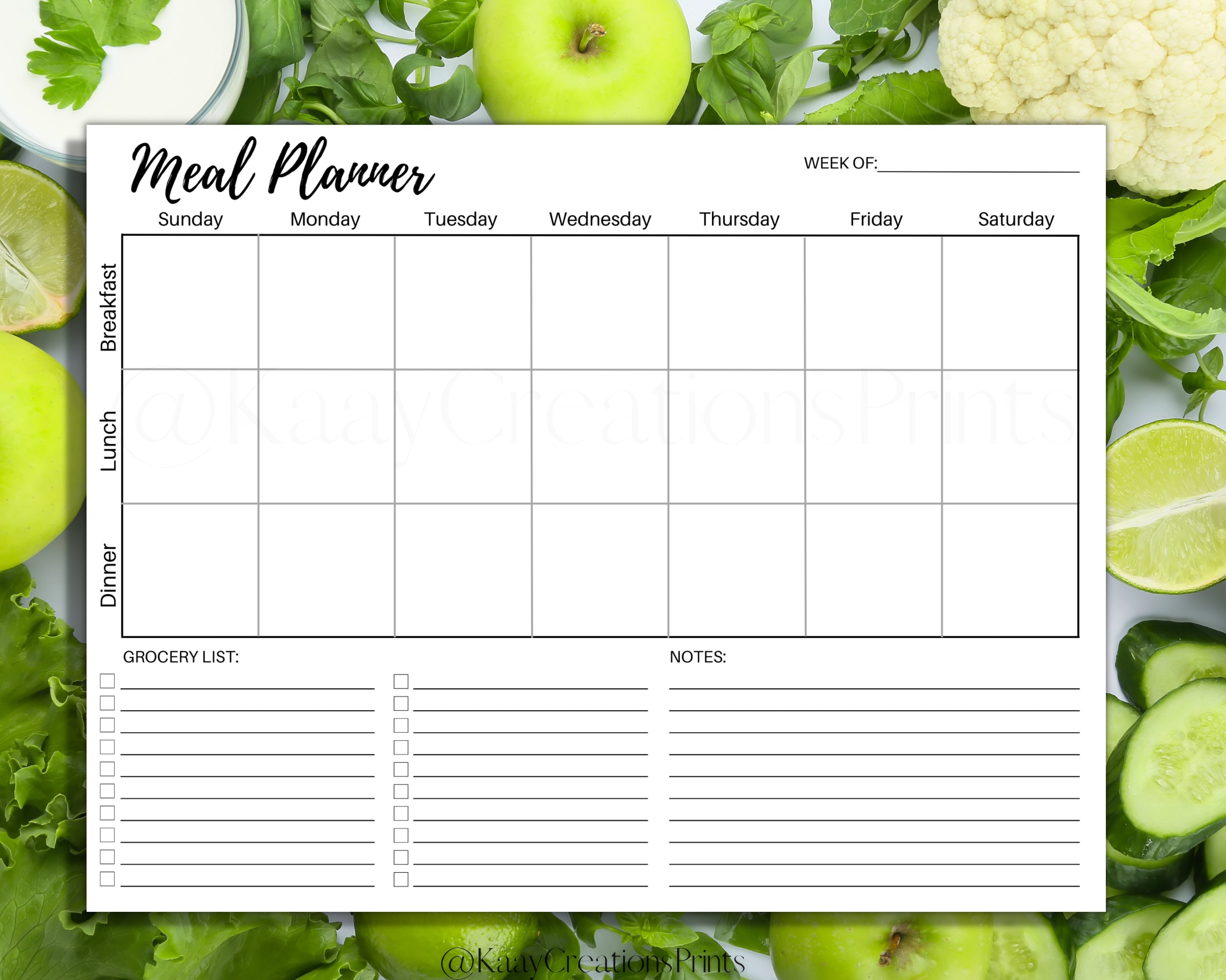 Printable Meal Planner, Weekly Menu Planner With Grocery List & Notes ...