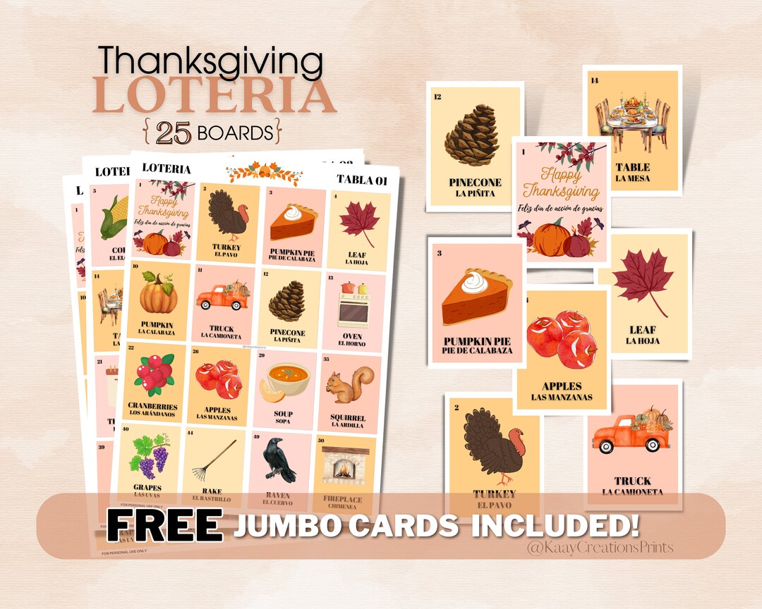 Thanksgiving Loteria, 25 Non-repeated Boards With 54 Custom Calling ...