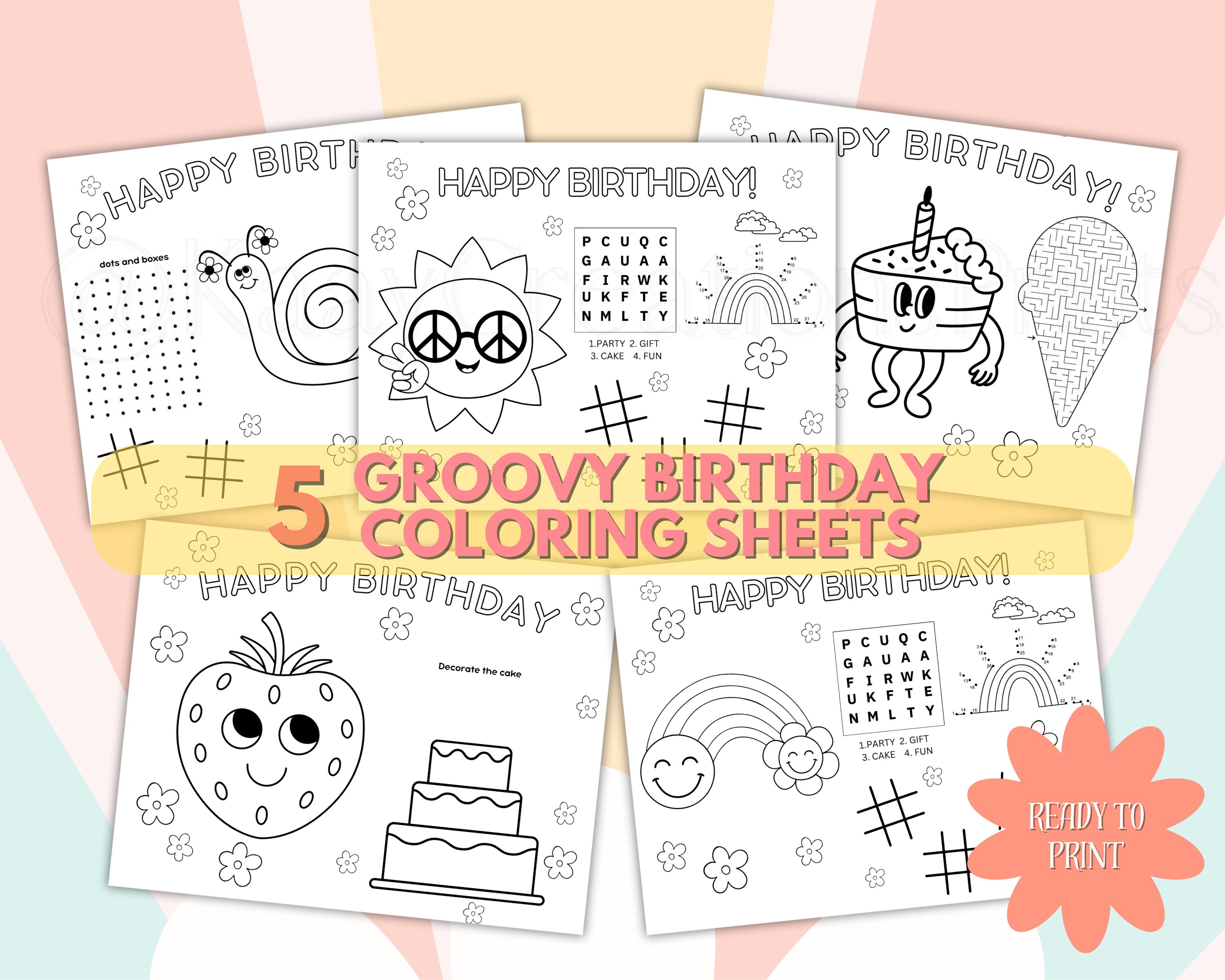 Groovy Birthday Coloring Pages. Set of 5 Birthday Party Coloring ...