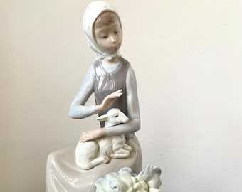 Vintage Lladro Porcelain Figurine girl With Wheelbarrow Holding Lamb ...
