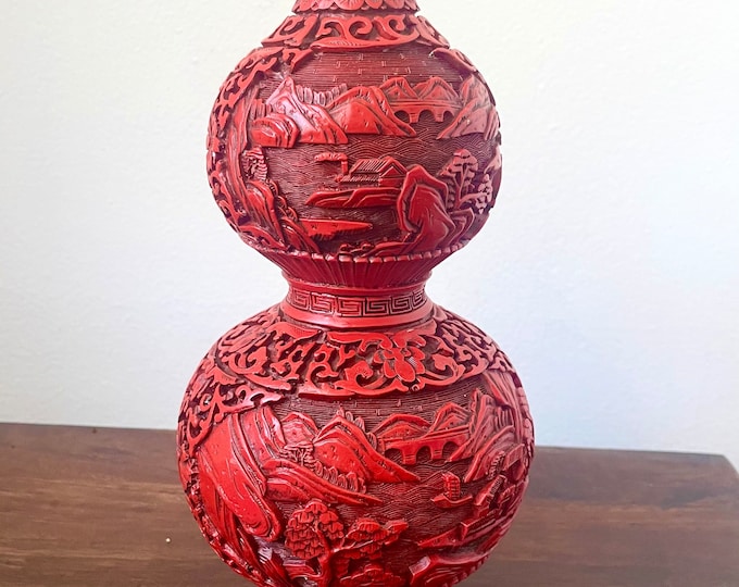 Red Round Hand Carved Cinnabar Chinese Dragons Vase - Etsy