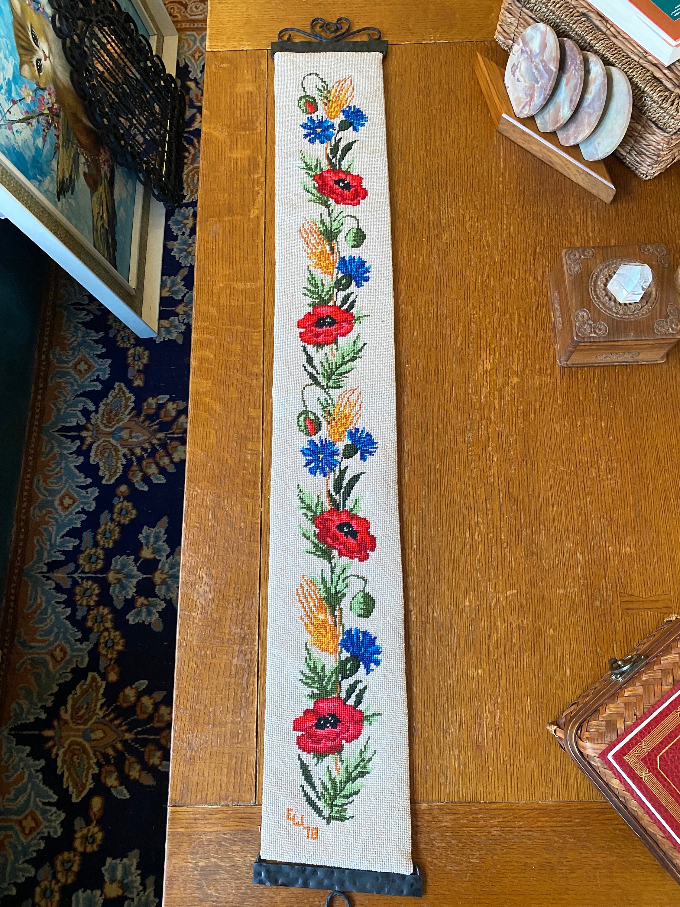 Vintage Wrought Iron & Embroidered Bell Pull Wall Hanging Banner ...