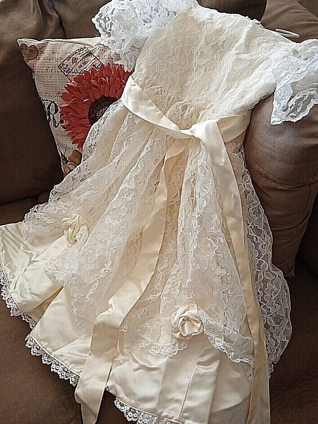 SALE! Vintage Opulent Ornate Handmade Ivory Christening Gown Lace Satin ...