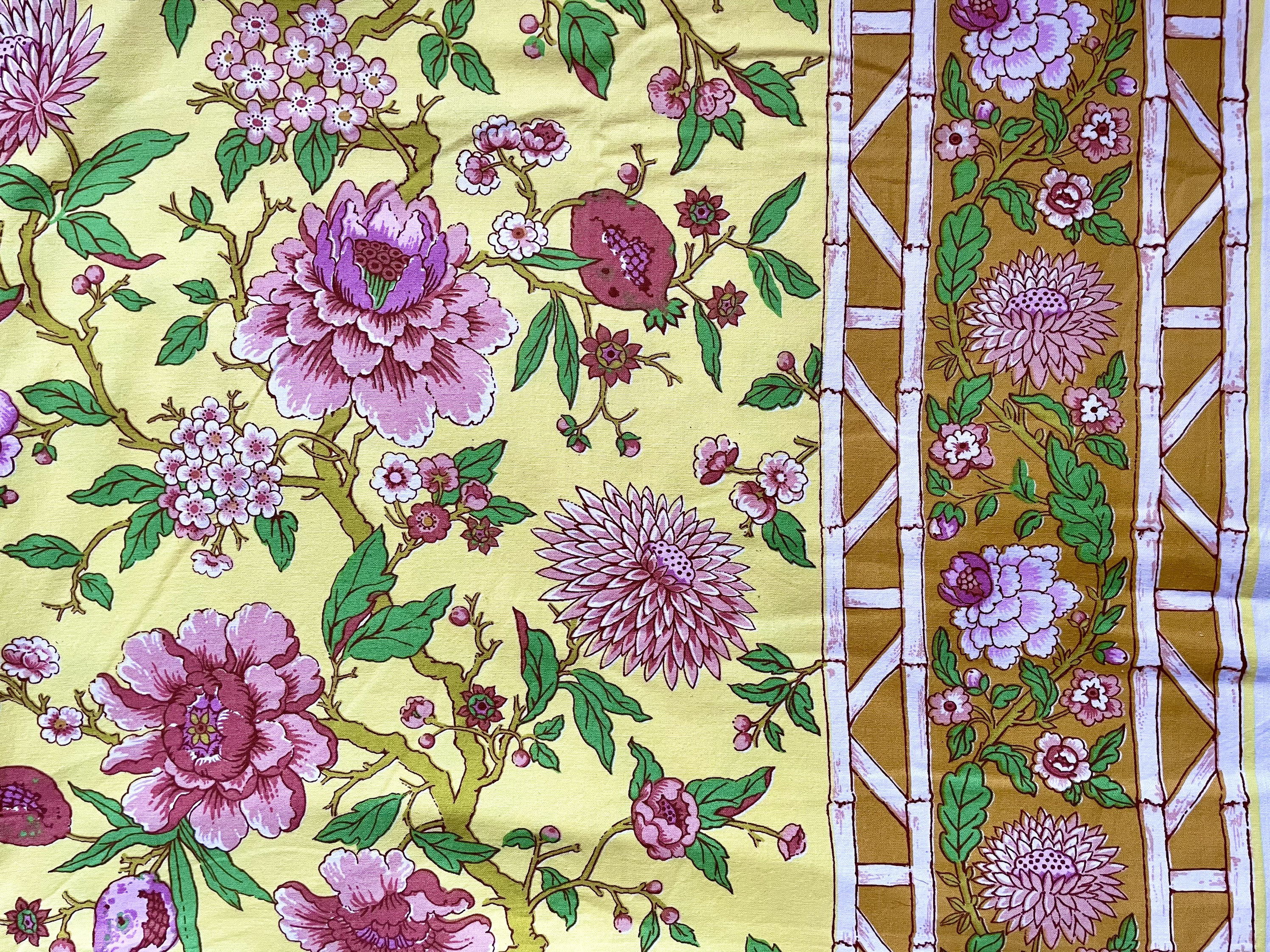 Vtg Bloomcraft Yellow Floral Blossom & Bamboo Chinoiserie Cotton Chintz ...