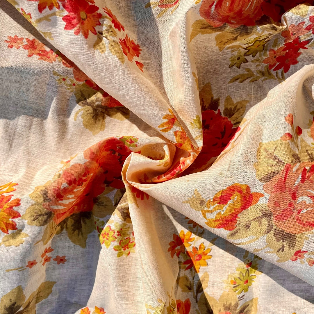 Antique Floral Organdy Hand Printed Cotton Chintz Fabric | 90cm W X ...