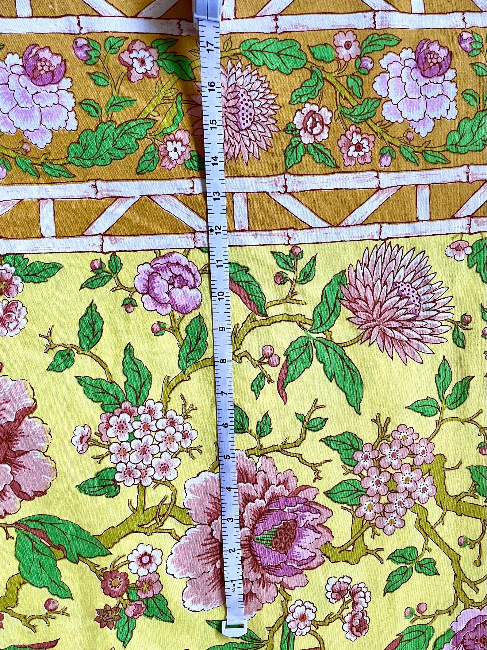Vtg Bloomcraft Yellow Floral Blossom & Bamboo Chinoiserie Cotton Chintz ...