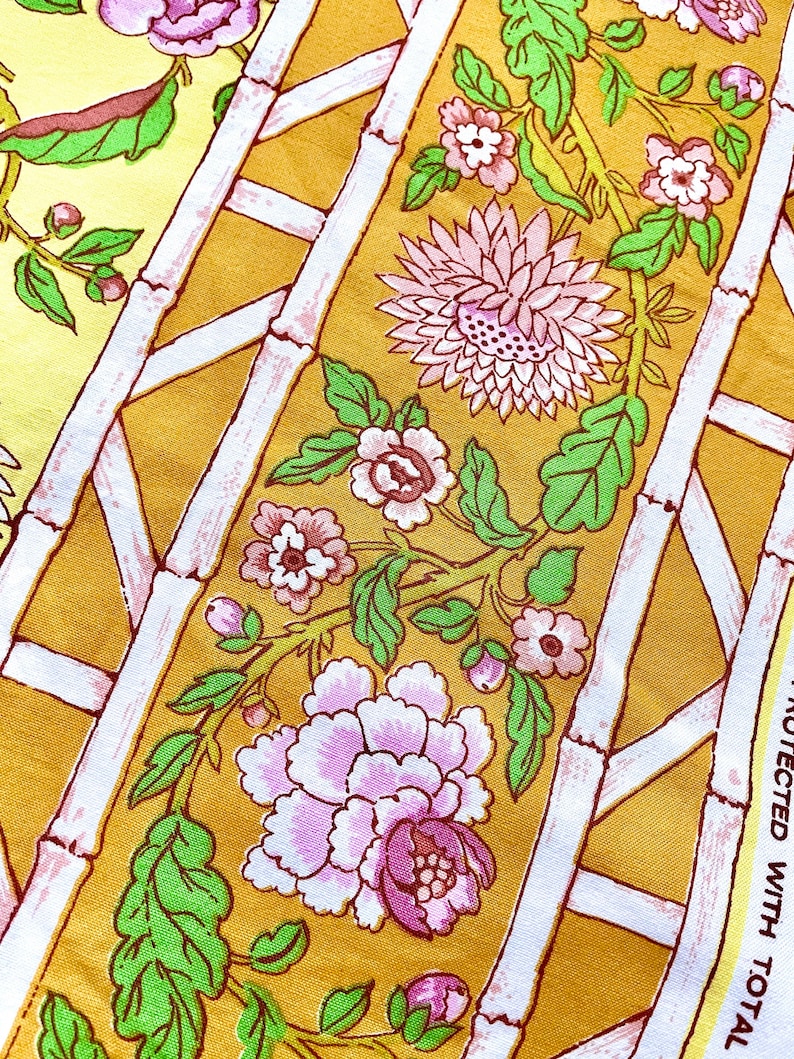Vtg Bloomcraft Yellow Floral Blossom & Bamboo Chinoiserie Cotton Chintz ...