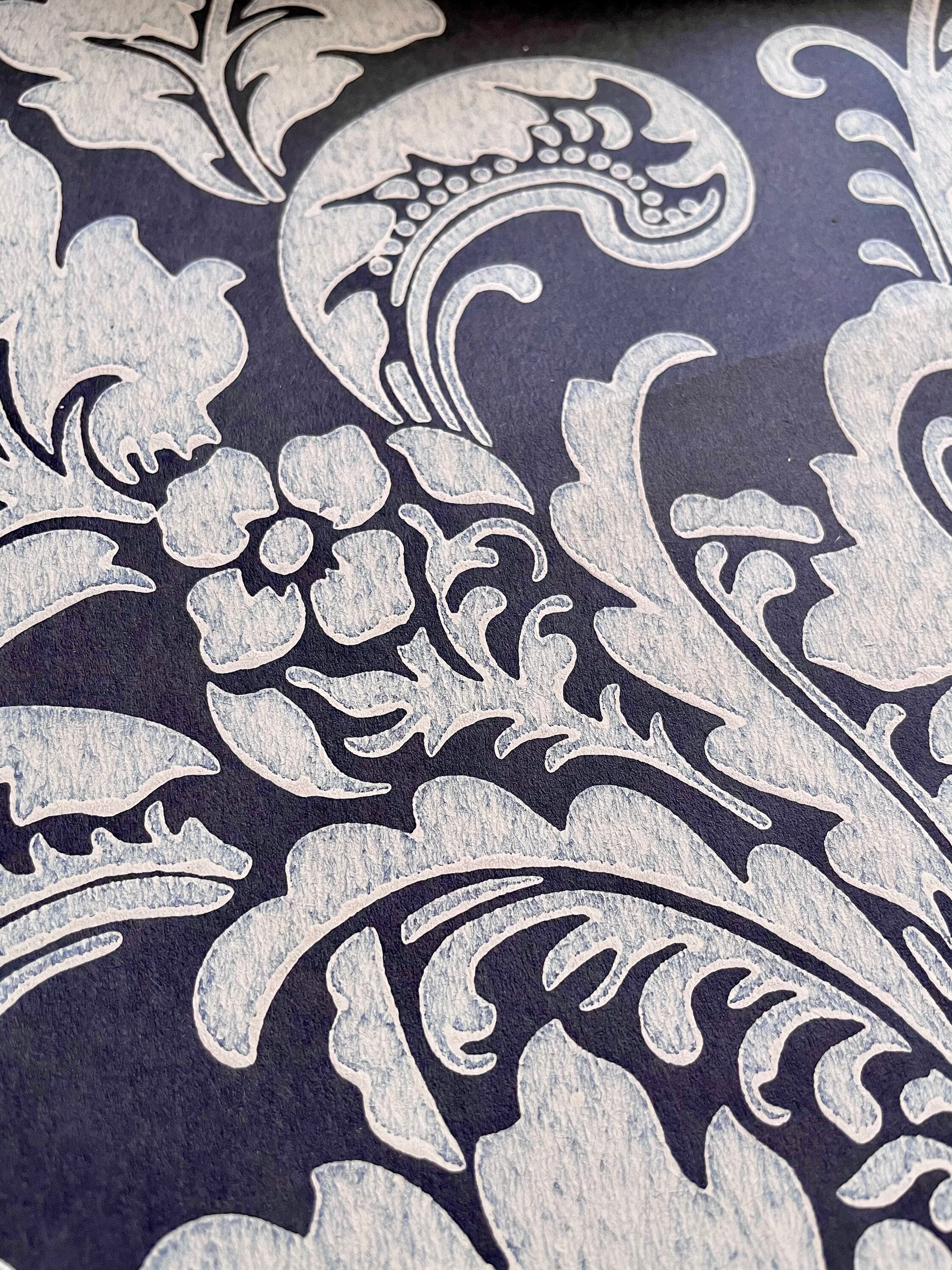 Vintage 70s Baroque Victorian Style Large Floral Scroll Hand Printed ...
