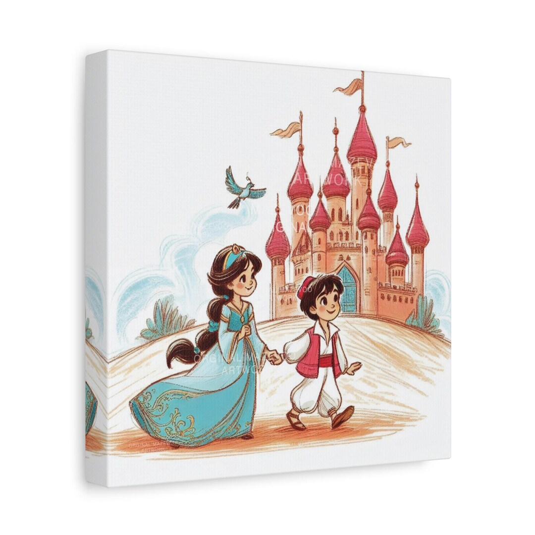 Aladdin and Princess Castle Canvas Wall Art - Charming Cartoon Fantasy ...