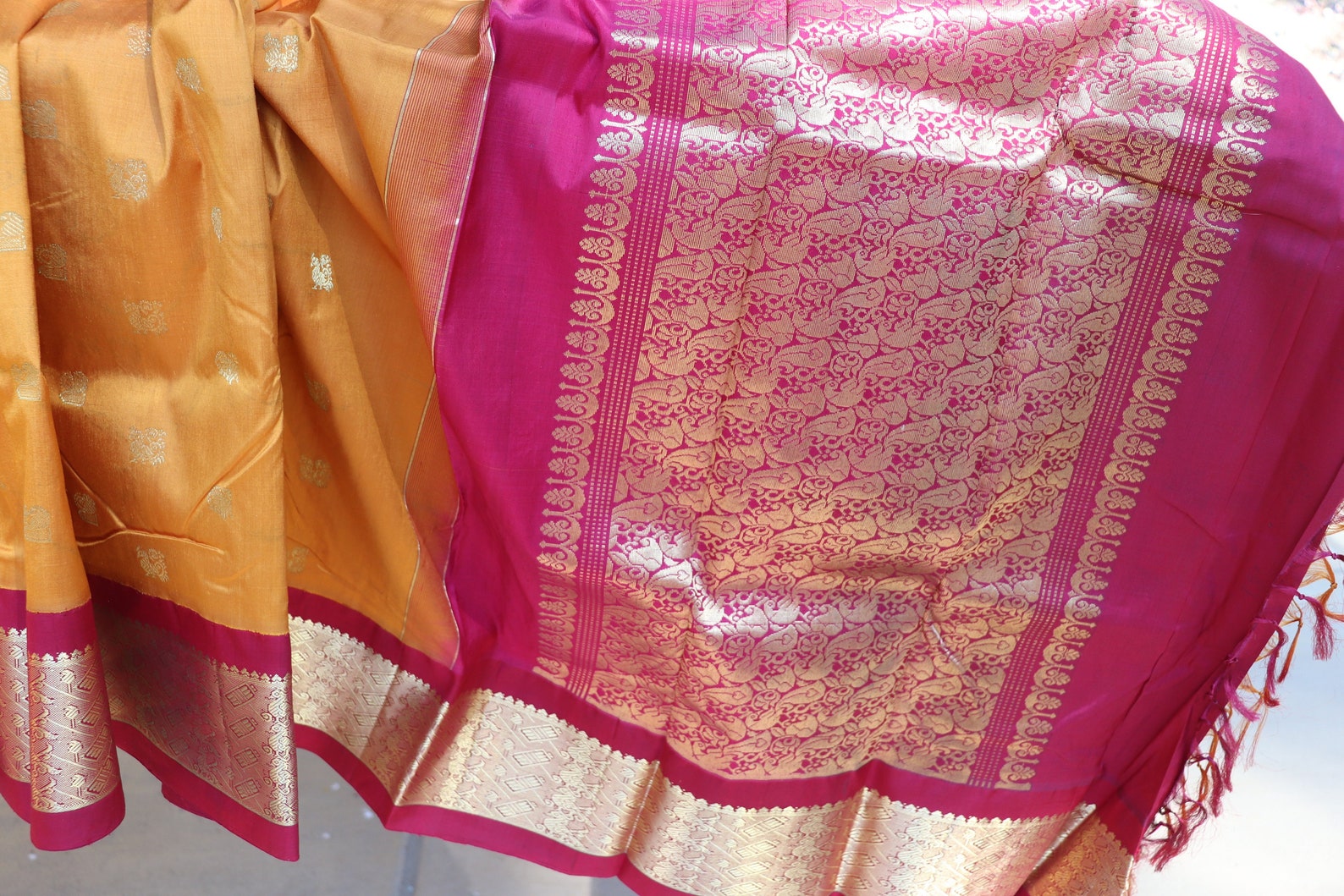 Saffron & Red Silk Sari From Kanchipuram - Etsy