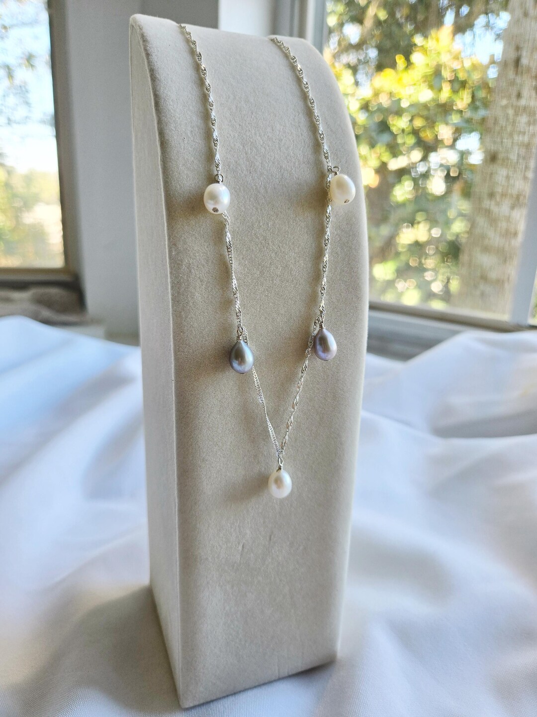 Freshwater Pearl Necklace White and Blue Pearl Sterling Silver Chain ...