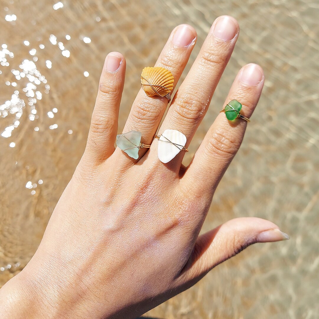 Sea Glass Sea Shell Orange Gradients Handmade Rings 18k Gold Filled ...