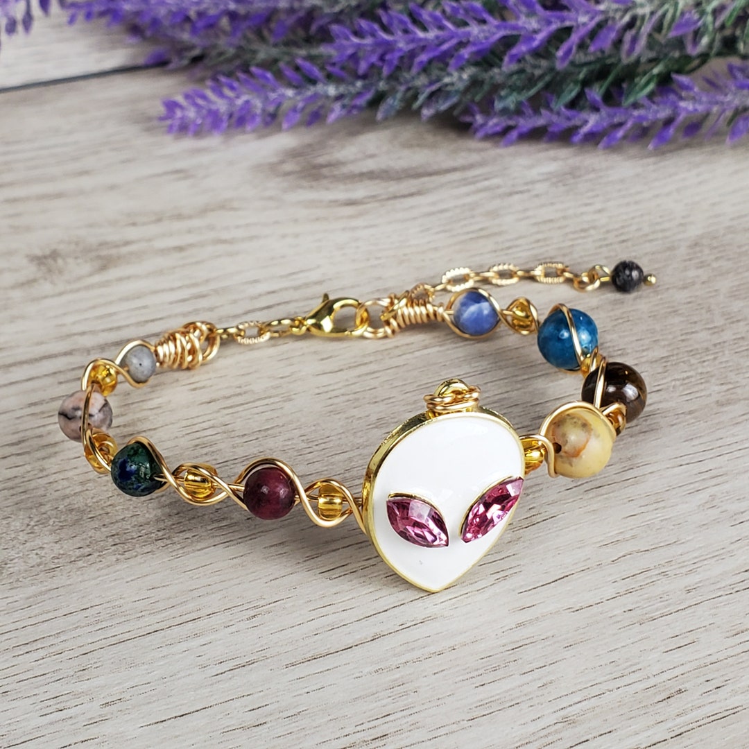Alien Wire Wrapped Bracelet, Crystal Beads Solar System Jewelry ...