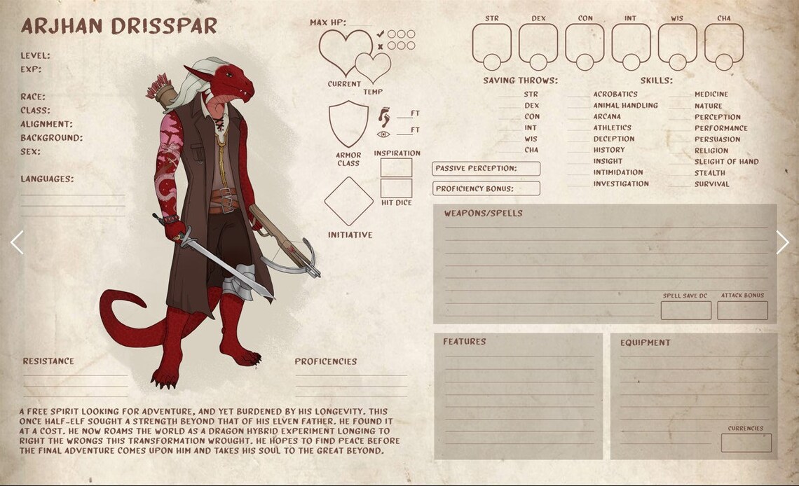 Custom Dnd Character Sheet Character Art - Etsy