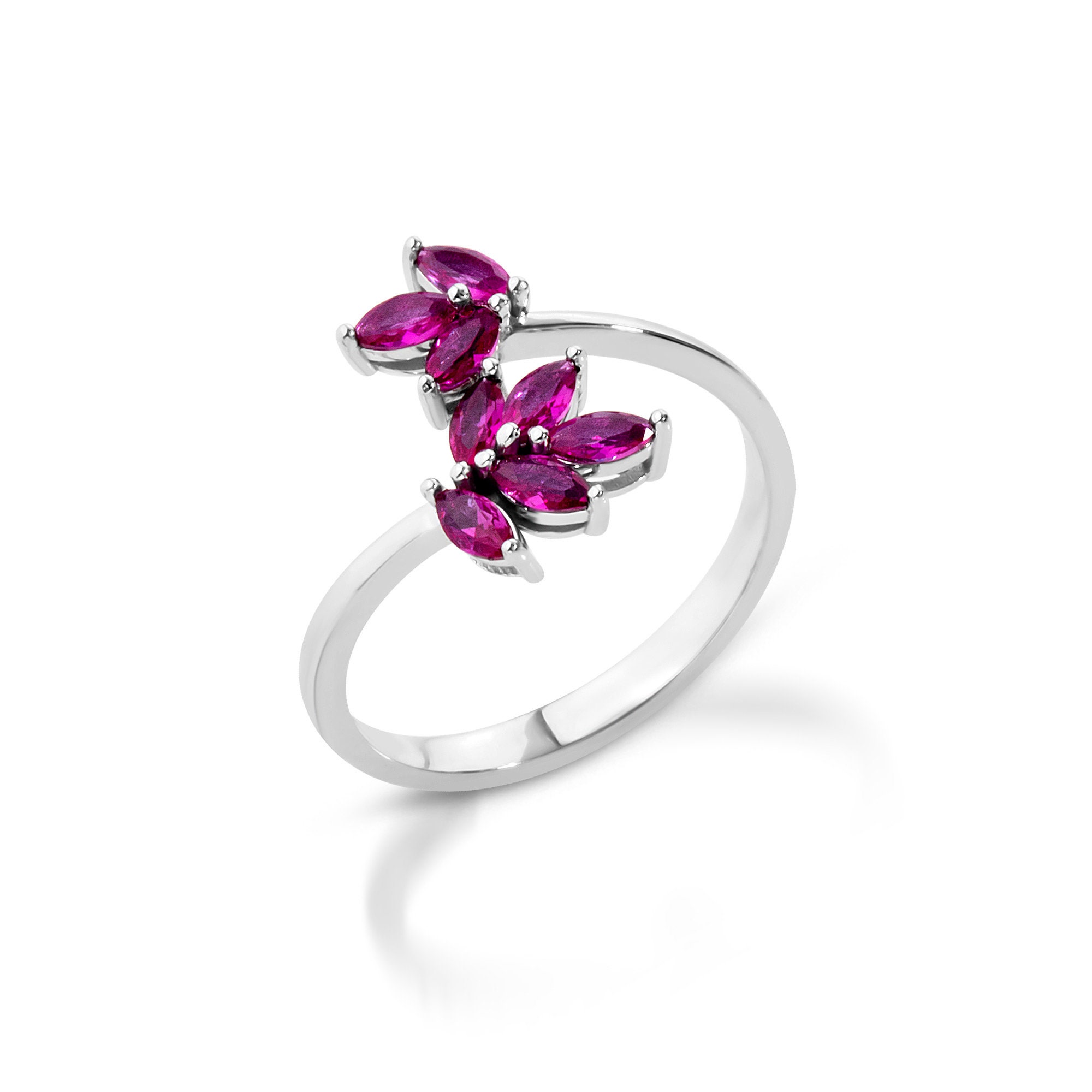 Double Floral Personalized Emerald Ruby Sapphire Birthstone Open Ring ...