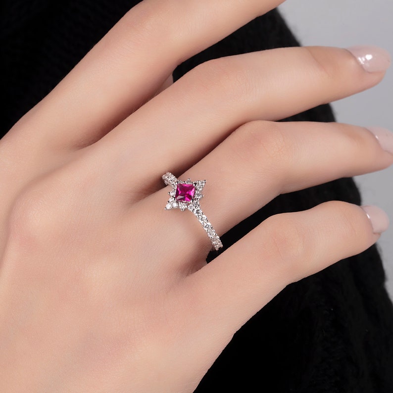 Genuine Diamond Minimalist Ruby Square Ring · Tiny Ruby Halo Ring · Snowflake Shape Rings · Ruby ...