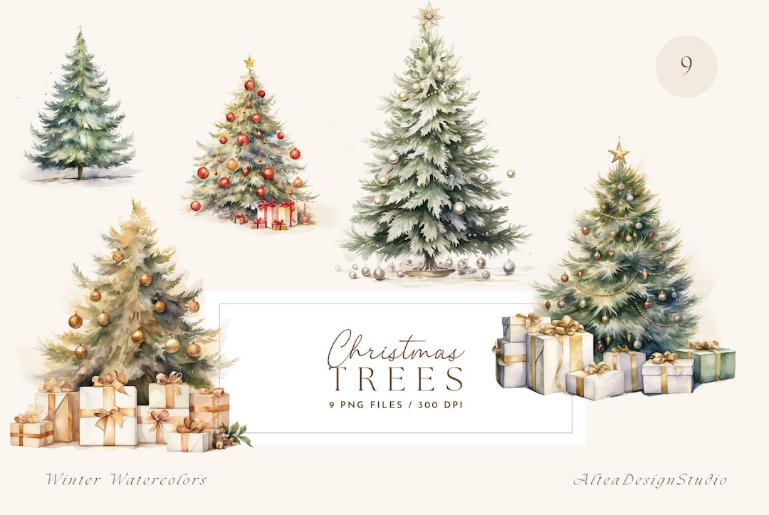 Watercolor Christmas Tree Clipart: Holiday PNG Set (digital Download ...