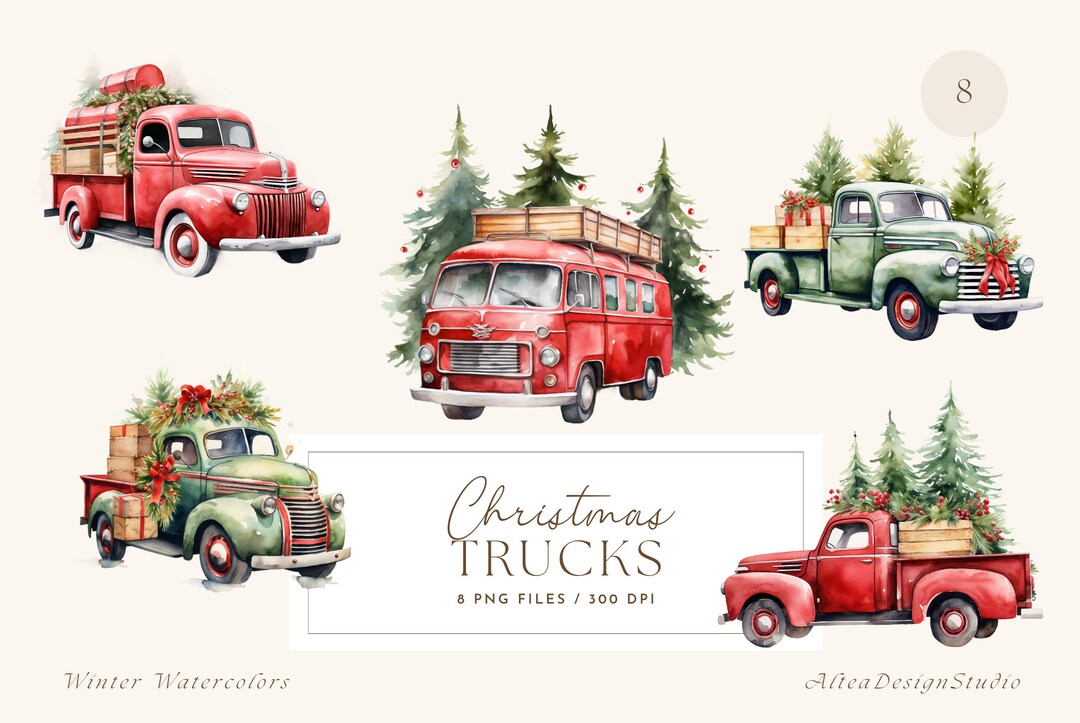 Red Christmas Truck Clipart, Retro Holiday, Red Truck Watercolor ...