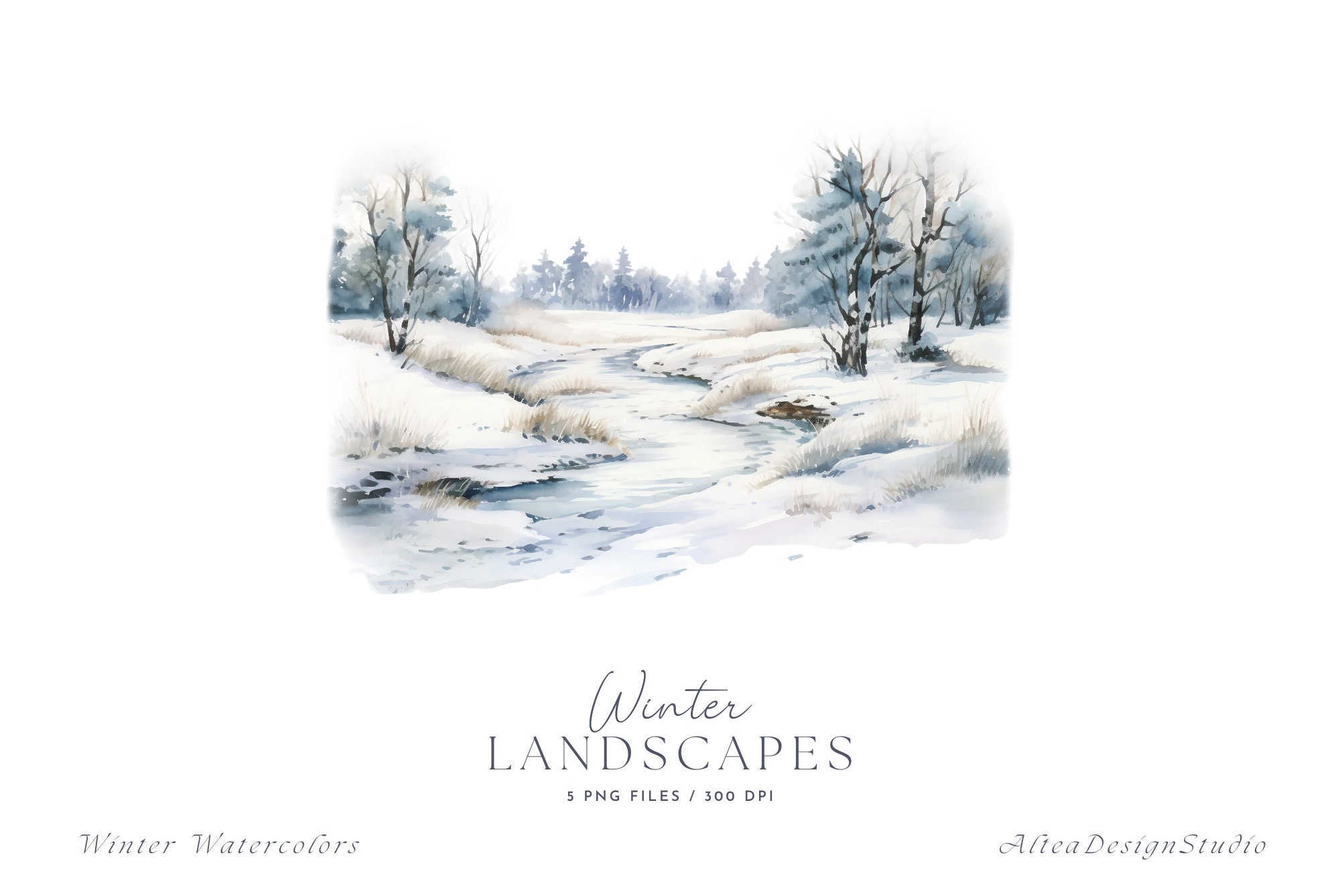 Watercolor Winter Clipart, Snowy Landscape Clipart, Watercolor Winter ...