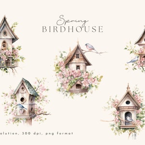 Birdhouse Clipart, Spring Watercolor Clipart, Watercolor Birds Clipart ...