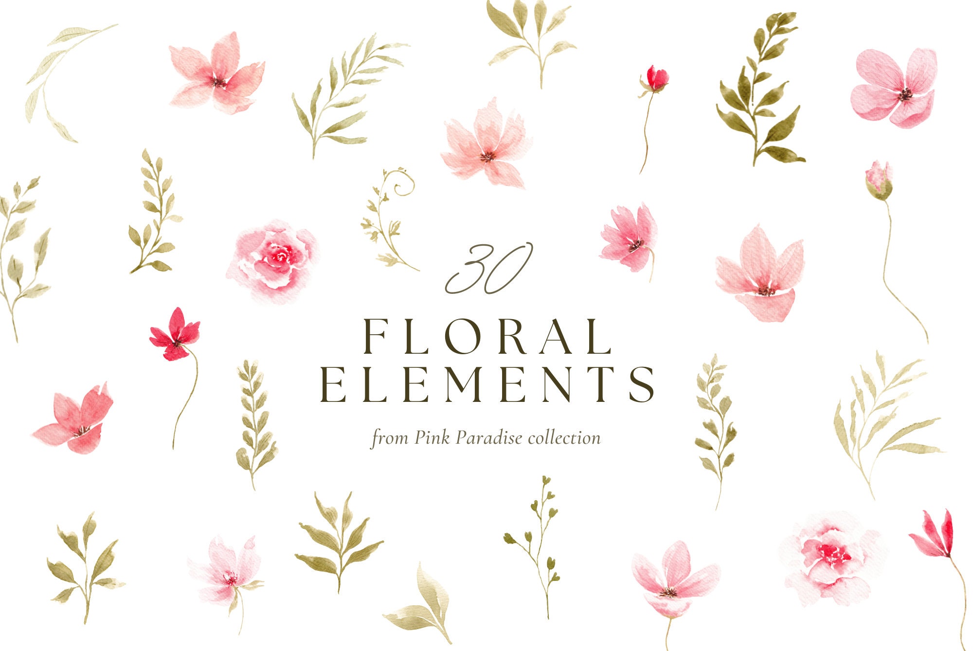 Floral DIY Elements Clipart, Digital PNG Clipart, Pink Watercolor ...
