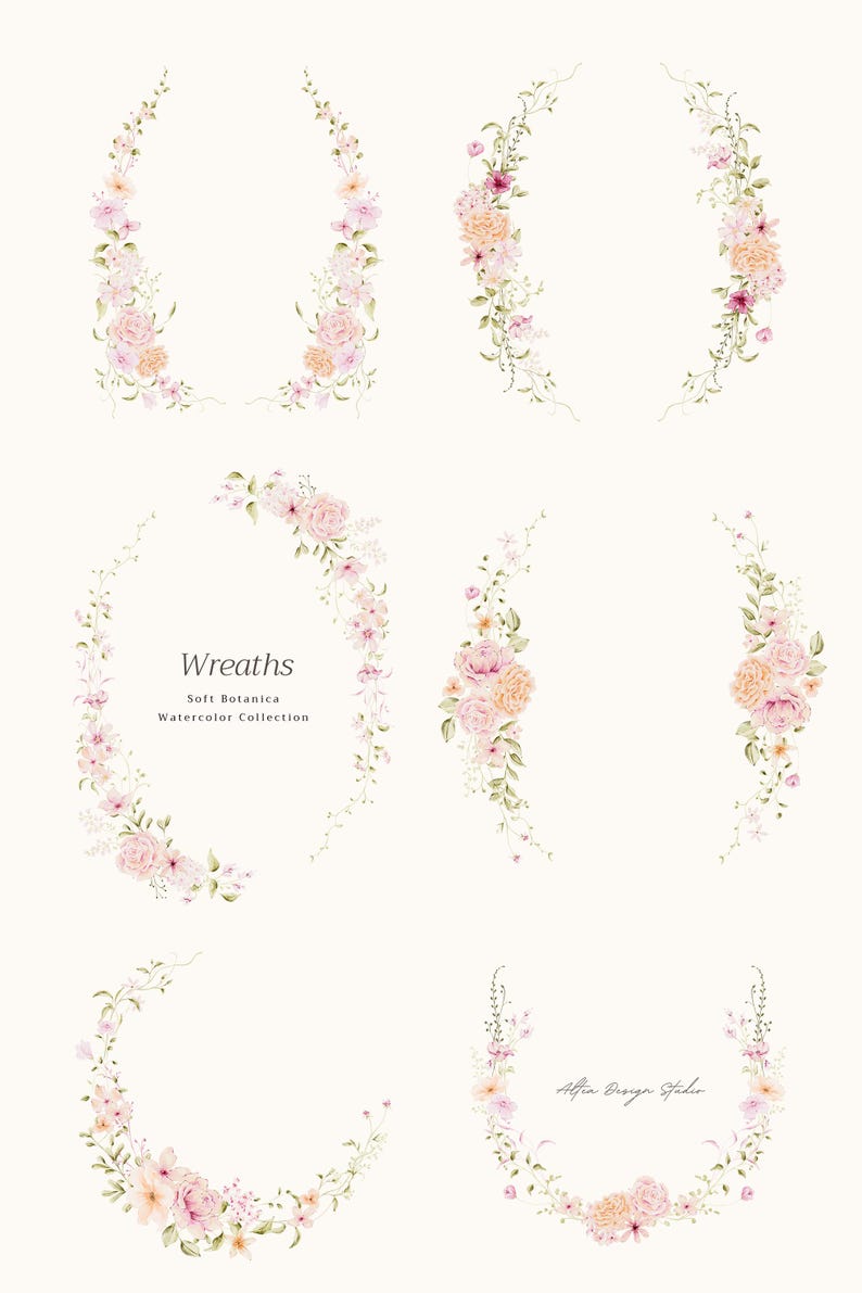 Watercolor Floral Wreaths Clipart: Pink Flowers, Wedding Invitation ...