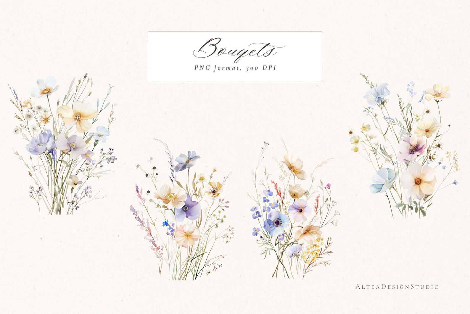 Watercolor Wildflower Clipart: Pastel Floral Bouquets (digital Download ...