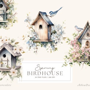 Birdhouse Clipart, Spring Watercolor Clipart, Watercolor Birds Clipart ...