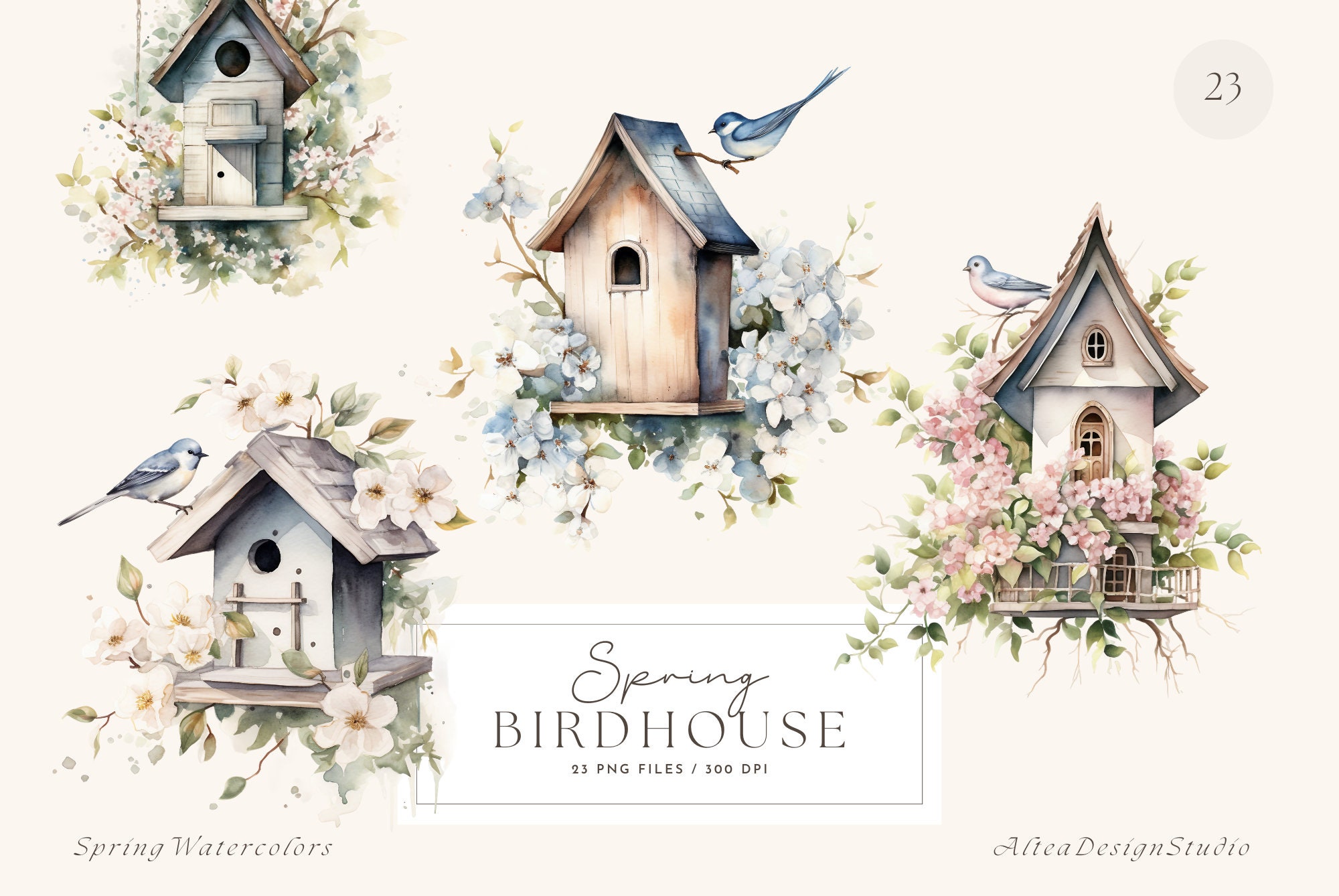 Birdhouse Clipart, Spring Watercolor Clipart, Watercolor Birds Clipart ...