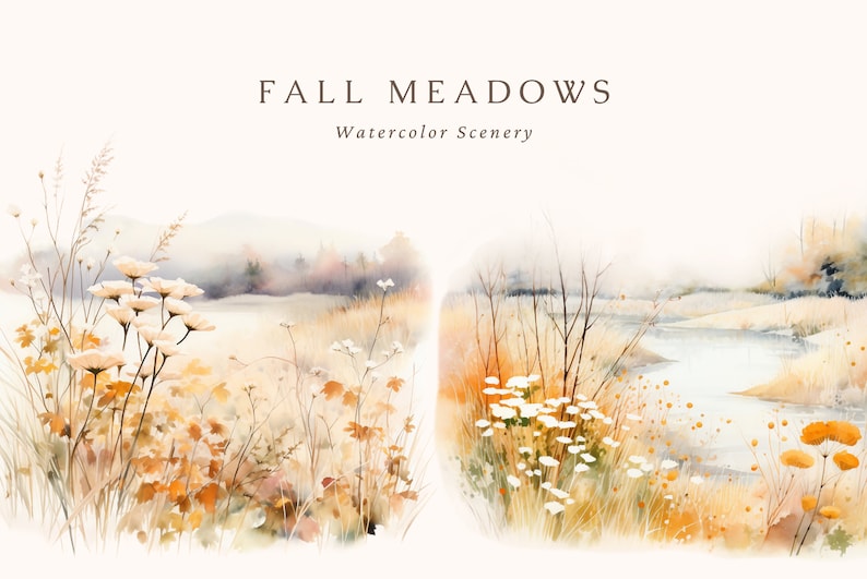 Fall Watercolor Meadow Clipart: Autumn Landscape PNG (digital Download ...