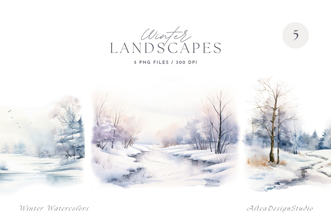 Watercolor Winter Clipart, Snowy Landscape Clipart, Watercolor Winter ...
