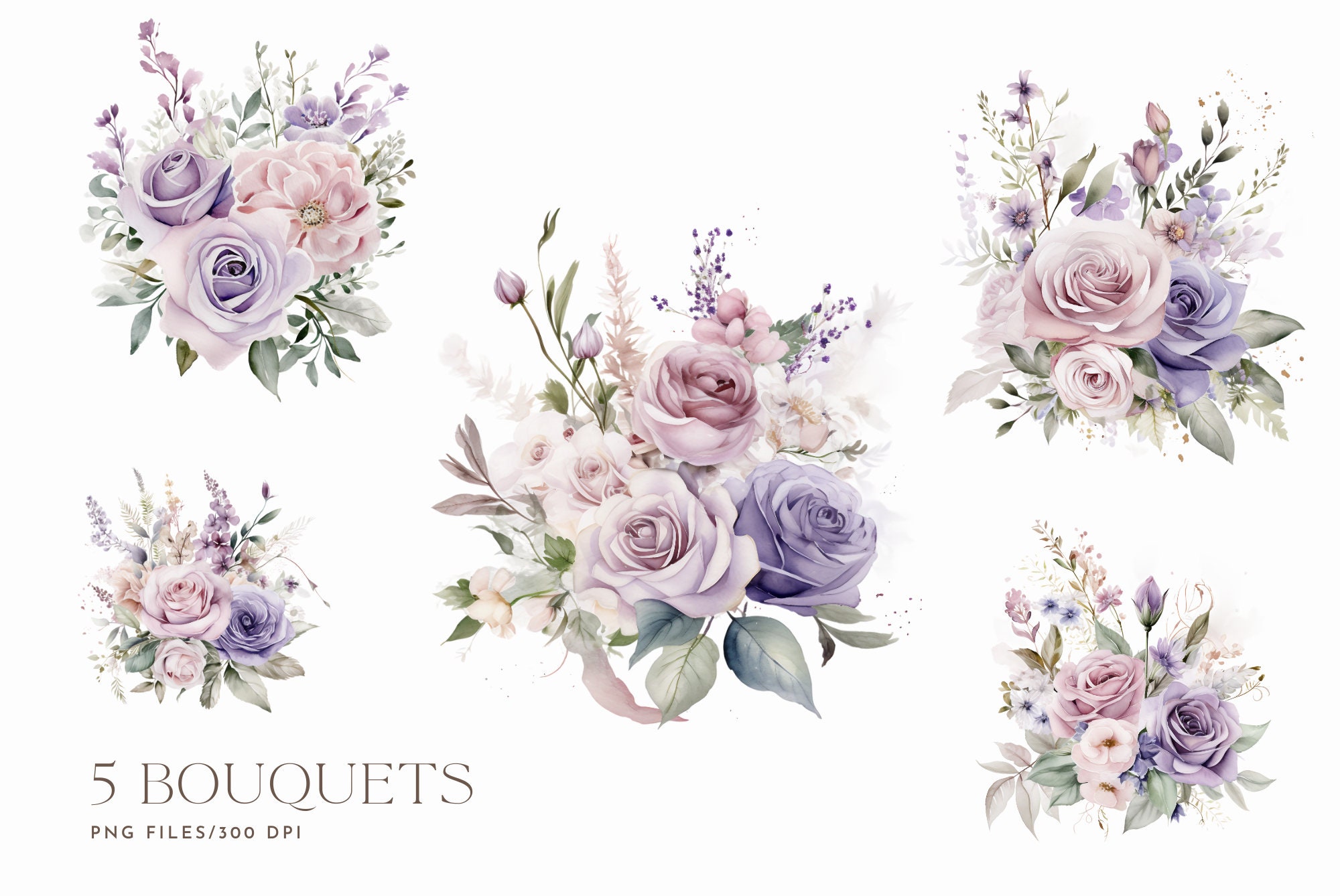 Watercolor Flower Clipart: Purple Rose Bouquet, Wedding Design (digital ...