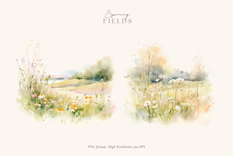 Watercolor Spring Clipart, Spring Landscape Clipart, Spring Meadow ...