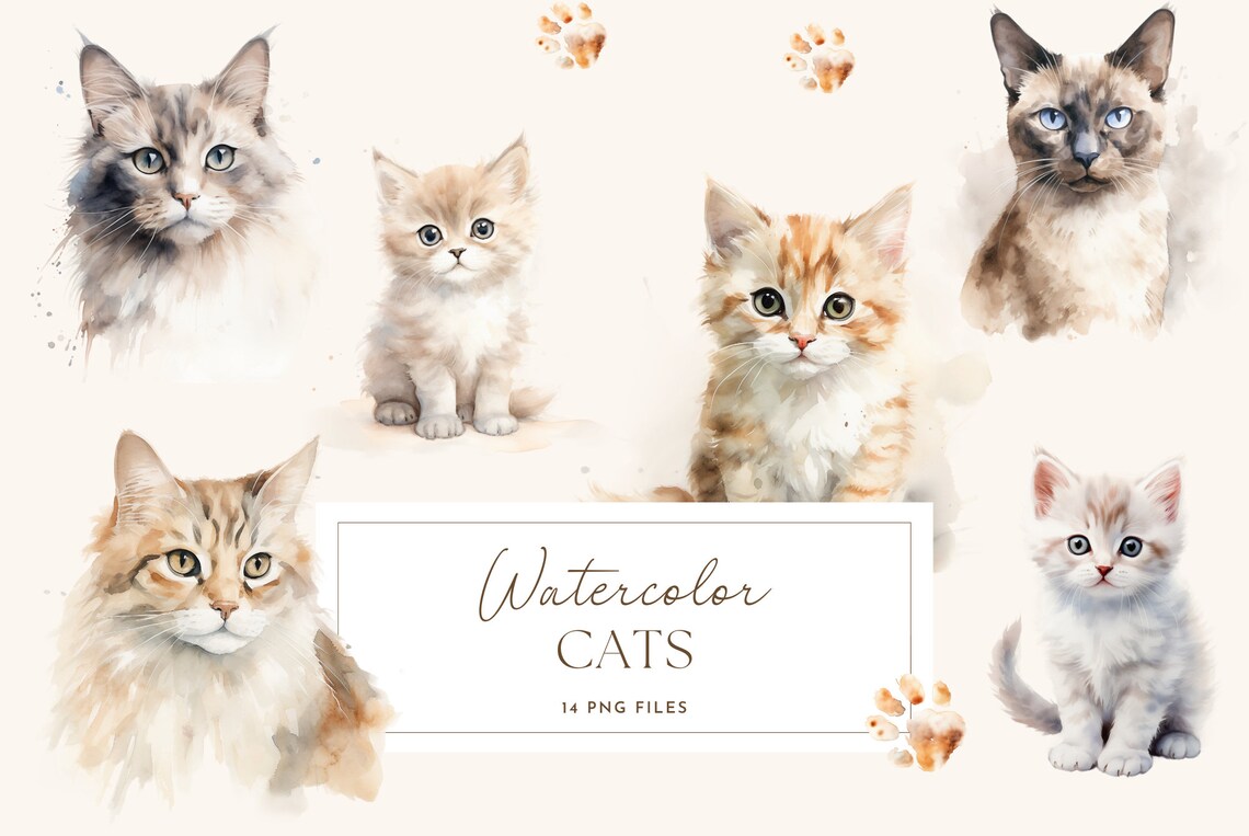 Watercolor Cats Clipart, Kittens Clipart, Cat PNG, Animal Watercolor ...