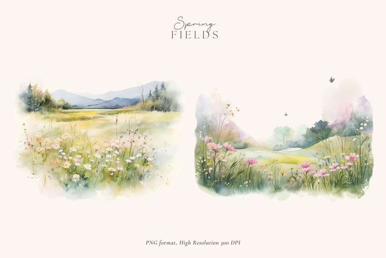 Watercolor Spring Clipart, Spring Landscape Clipart, Spring Meadow ...