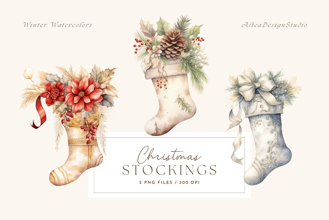 Christmas Stockings Clipart, Watercolor Christmas Clipart, Stockings ...